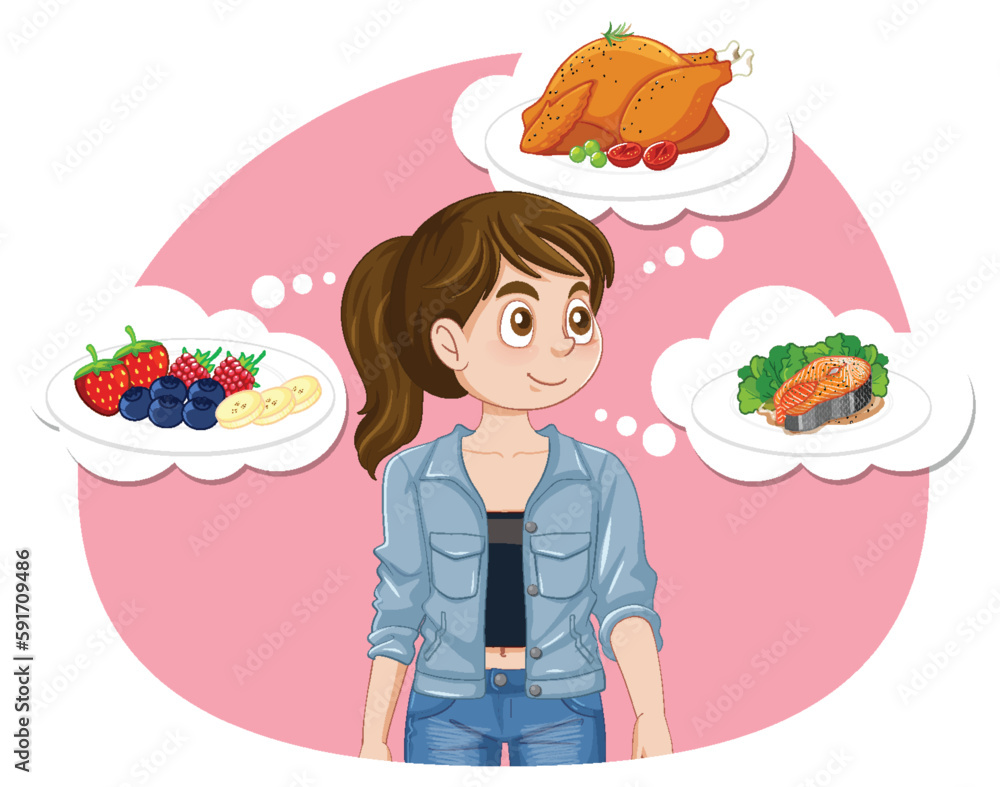 Cartoon Woman Thinking about Food and Meal Stock Vector | Adobe Stock