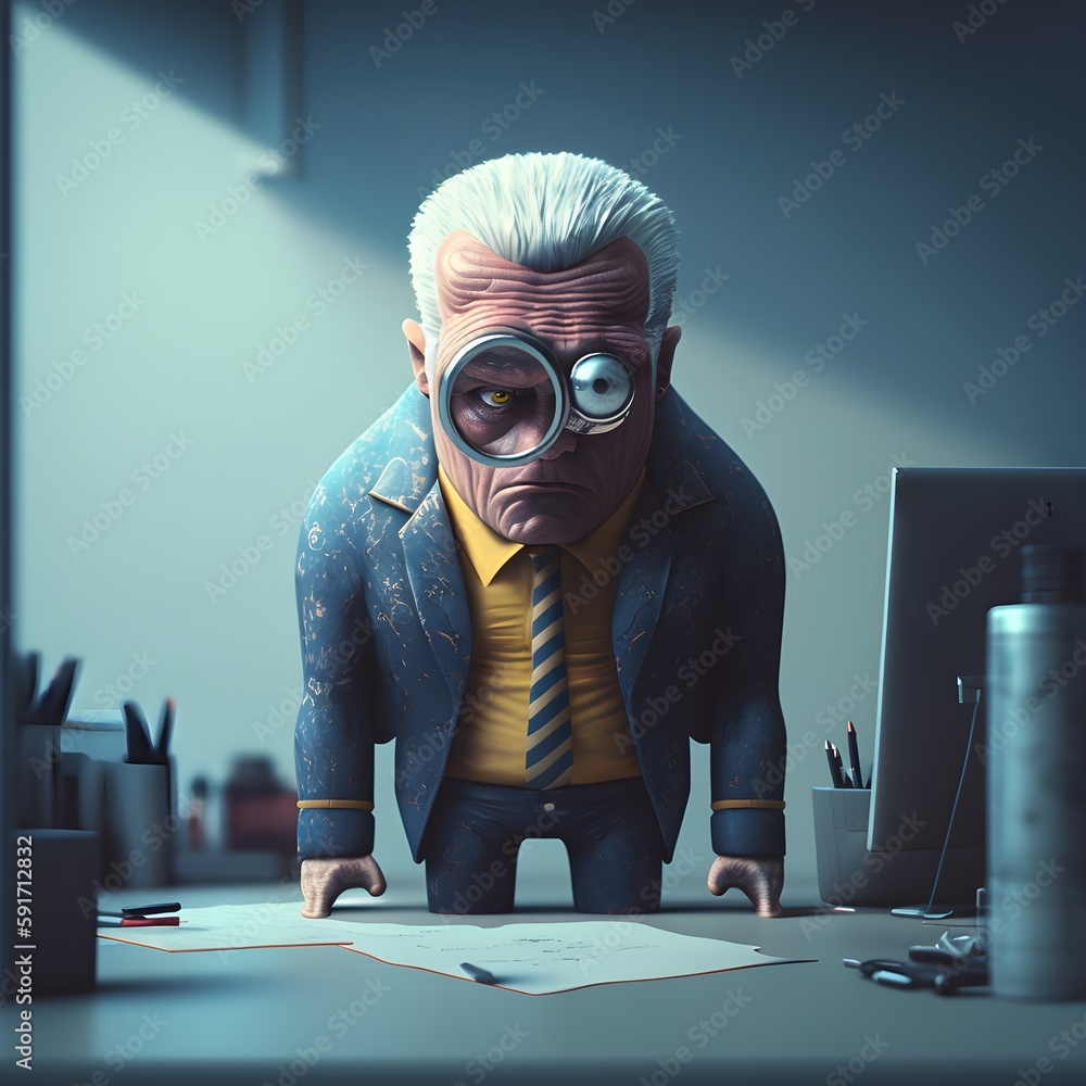 this character sitting at table working in openspace office only one ...