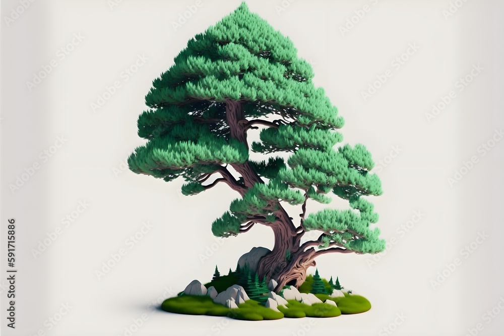 white pine tree in a soft anime style grass at the base of the tree ...