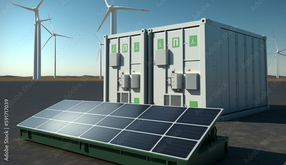 Battery storage power station accompanied by solar and wind turbine ...
