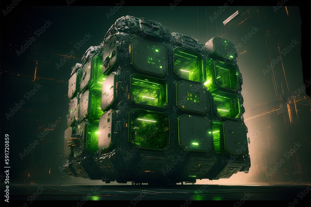 borg cube space station exterior massive scale alien architecture green ...