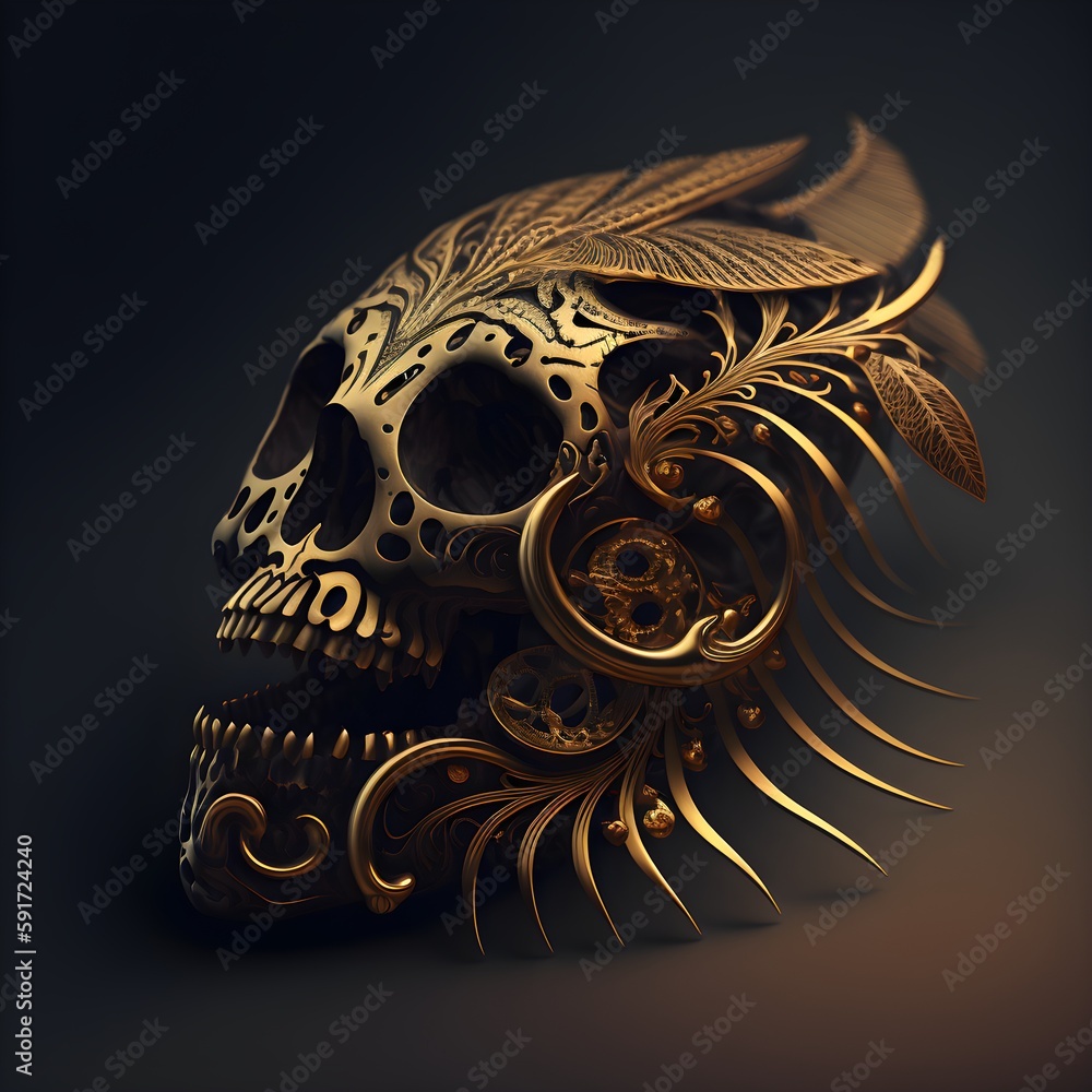 Dark wood Skull shou sugi ban wood texture smooth and polished gold ...