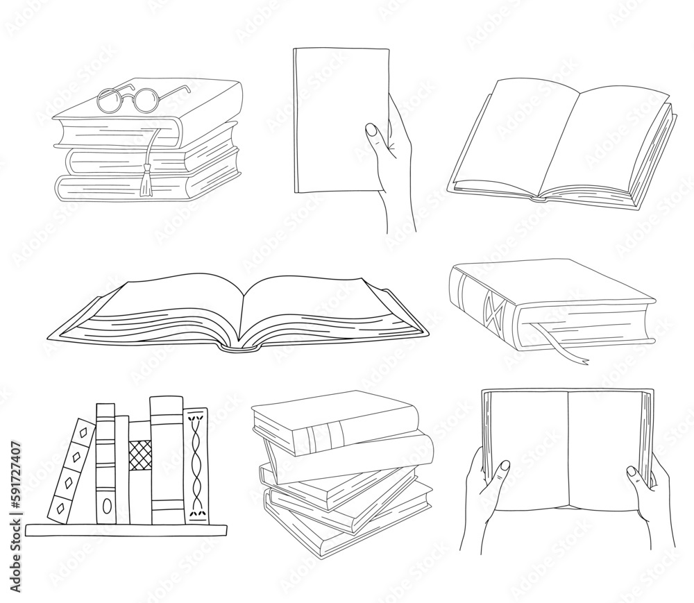 Vector line books with bookmark and glasses. Bookshelf. Outline ...