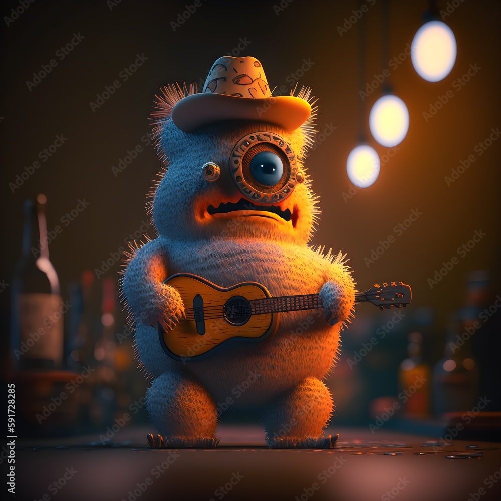 this character in style of pixar playing guitar in a bar full body shot ...
