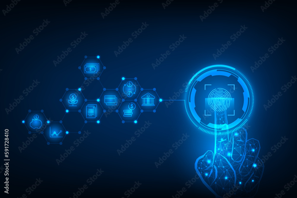Photo Vector pointing wireframe hand scan fingerprint cyber security ...
