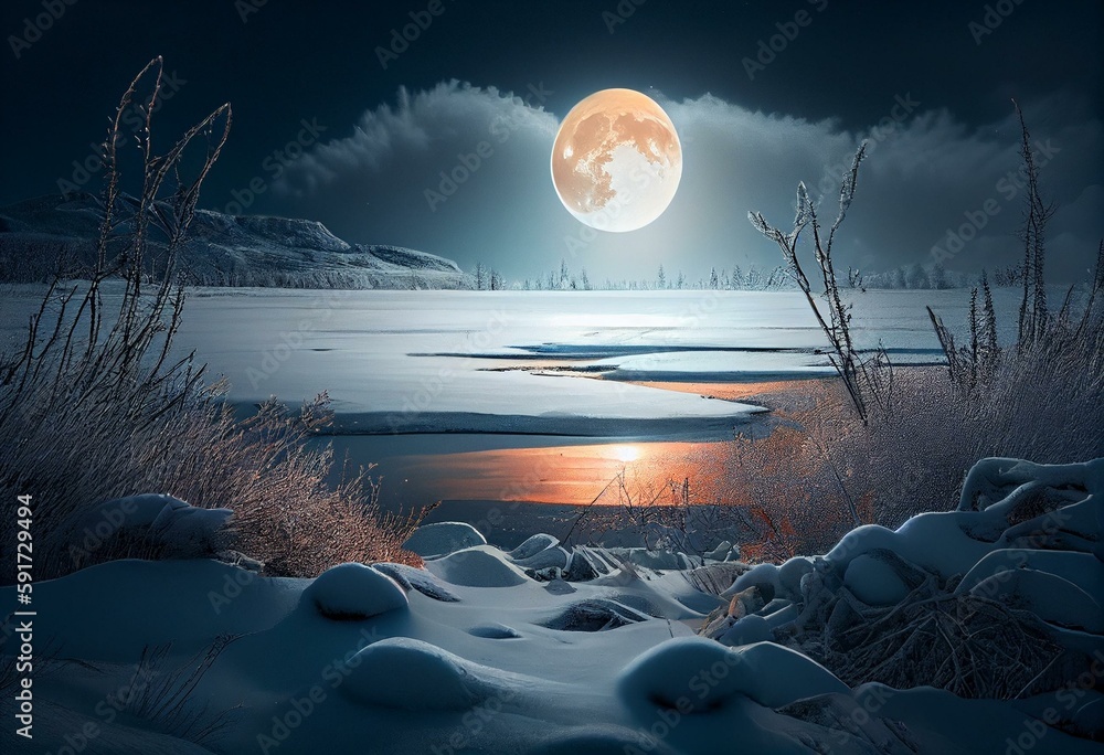 Beautiful frozen northern landscape withfantastic full moon during ...