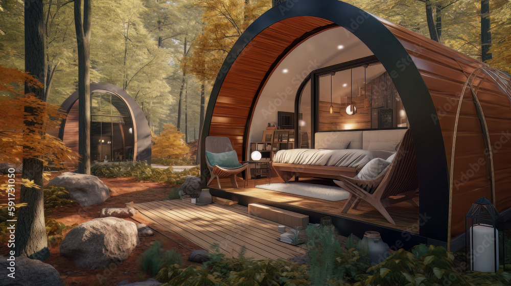 A cozy glamping pod nestled in a secluded forest in the countryside ...