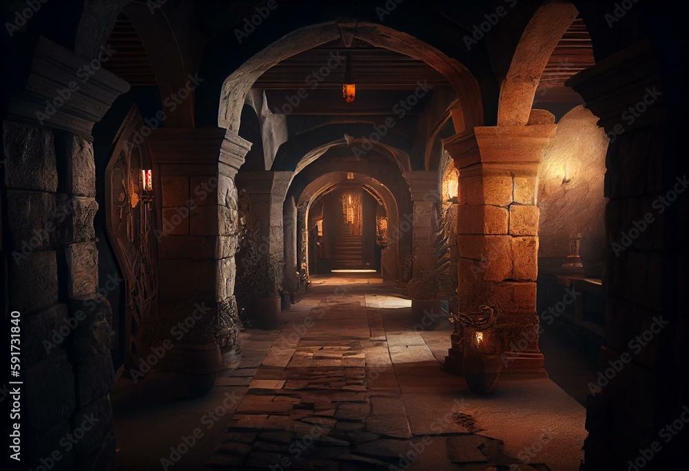 Dungeon. long, lit corridor in a medieval fortress. historic palace's ...