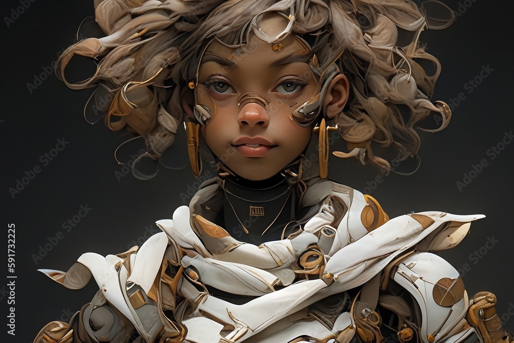 afrofuturism, young black female in white and gold, in the style of hyper-realistic sci-fi, 3d ...