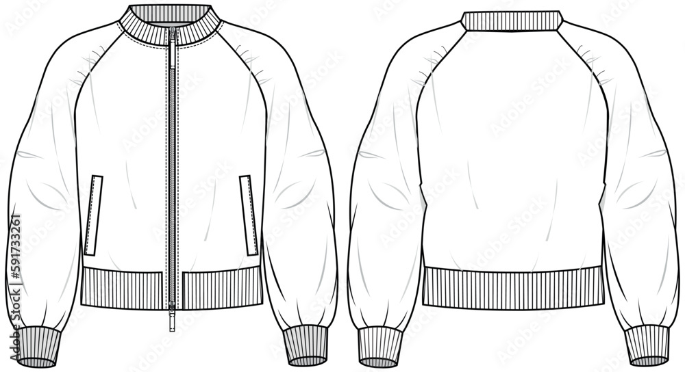 womens long sleeve bomber jacket flat sketch vector illustration front and back view technical ...