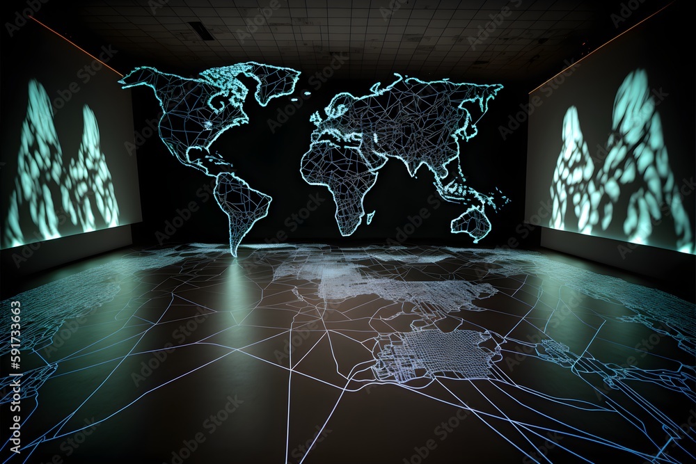 large dark modern digital media art gallery space with 3d printed ...