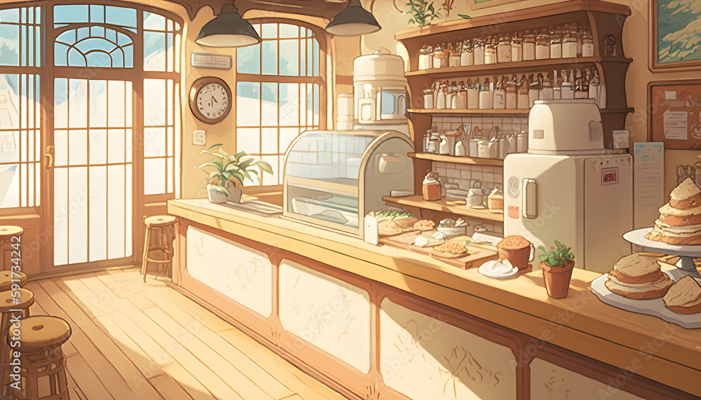 indoor coffee shop beautiful anime style. yellow and orange tone ...