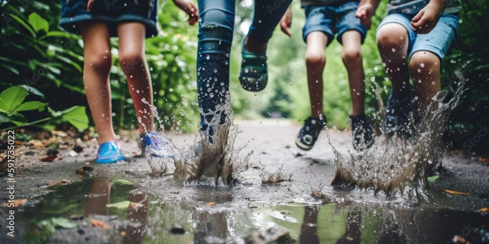 group of children feet playfully splashing in puddle surrounded by lush ...
