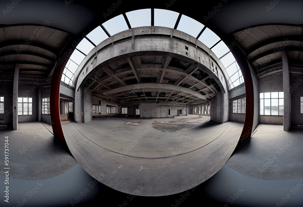 Full spherical hdri panorama 360 degrees of dark concrete industrial ...