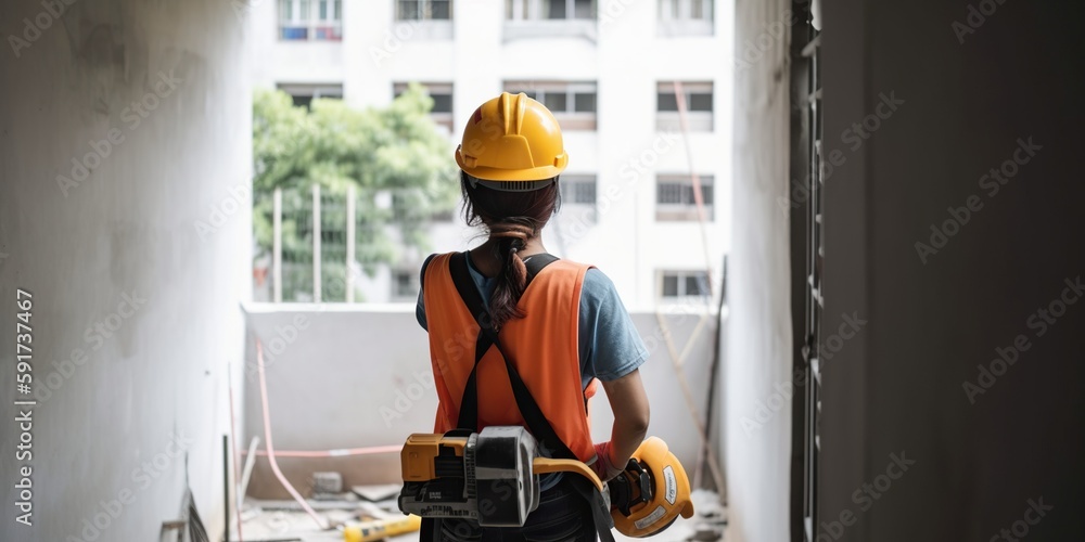 woman working construction wearing hard hat and holding power tool ...