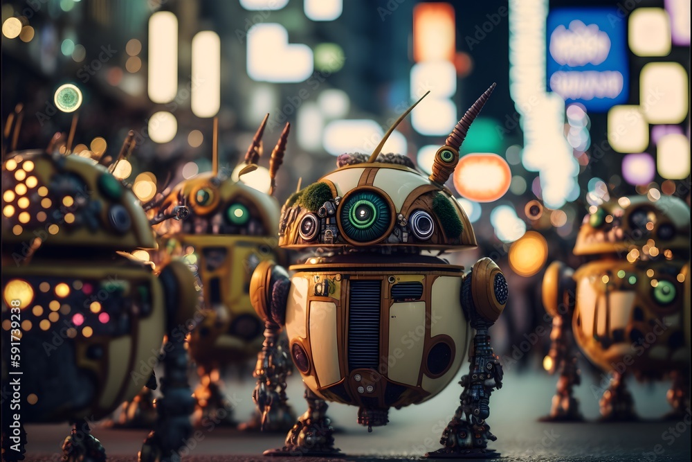 Real life wide low view of a group of different robots in parade at ...