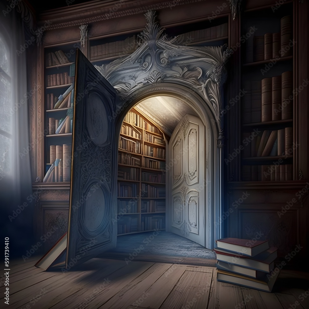 hidden door behind a big book shelf in the library of a mysterious ...
