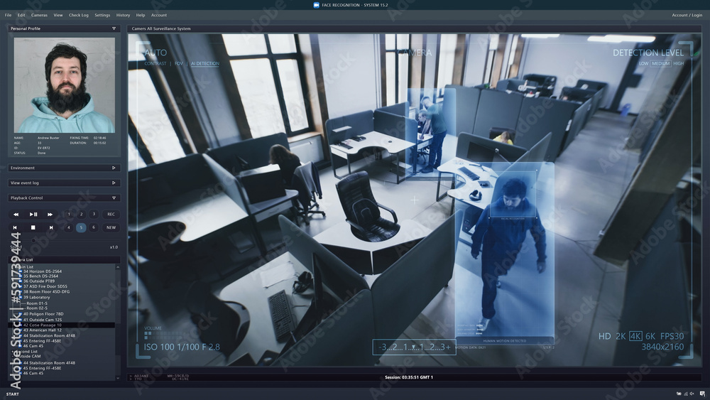 Playback office CCTV camera on computer. People work in coworking ...
