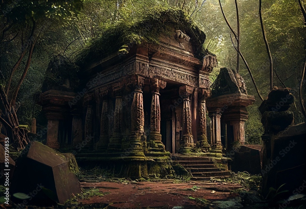 Generative AI : an ancient ruined Hindu temple in a forest, covered ...