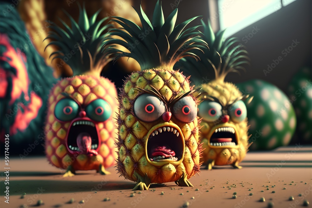sentient pinapples angry faces sharp teeth hyperrealistic hyperdetailed ...