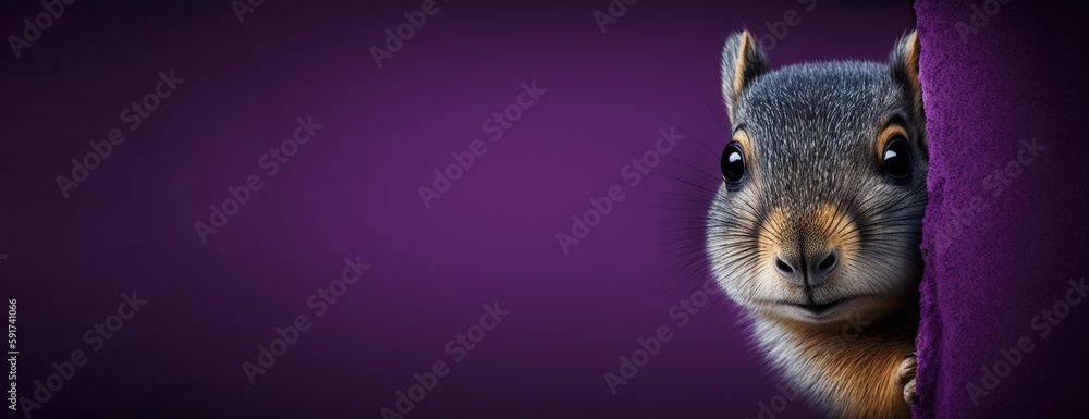 Sly squirrel peeks around purple corner on purple background, concept ...