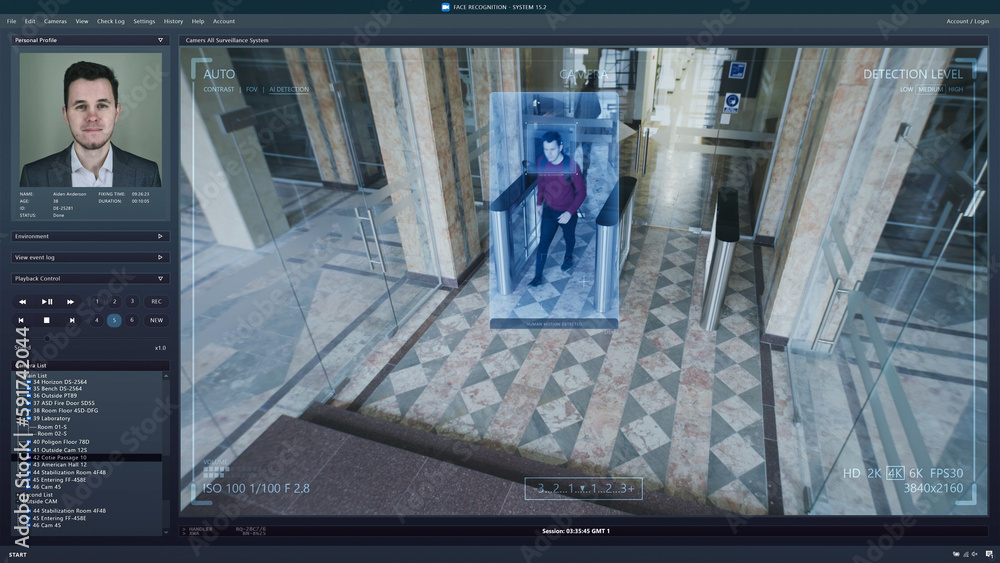 Playback CCTV camera on computer screen. Security camera in coworking ...