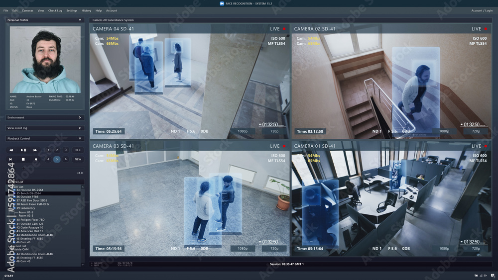 Playback CCTV cameras in business office on computer screen. Interface ...