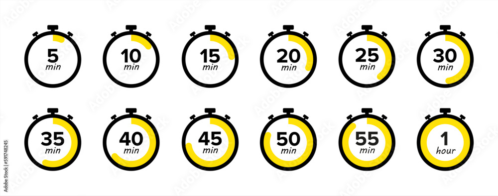 Set of timer and stopwatch icons. Kitchen timer icon with different ...