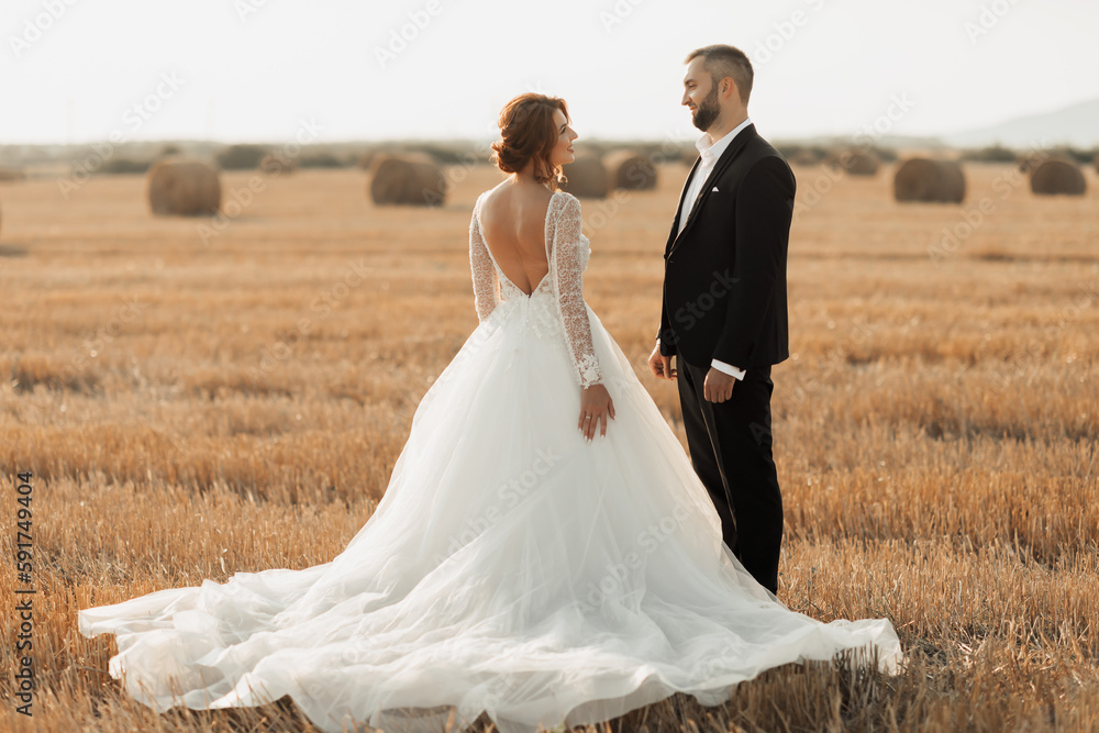 The bride and groom are standing in the field, and behind them are ...