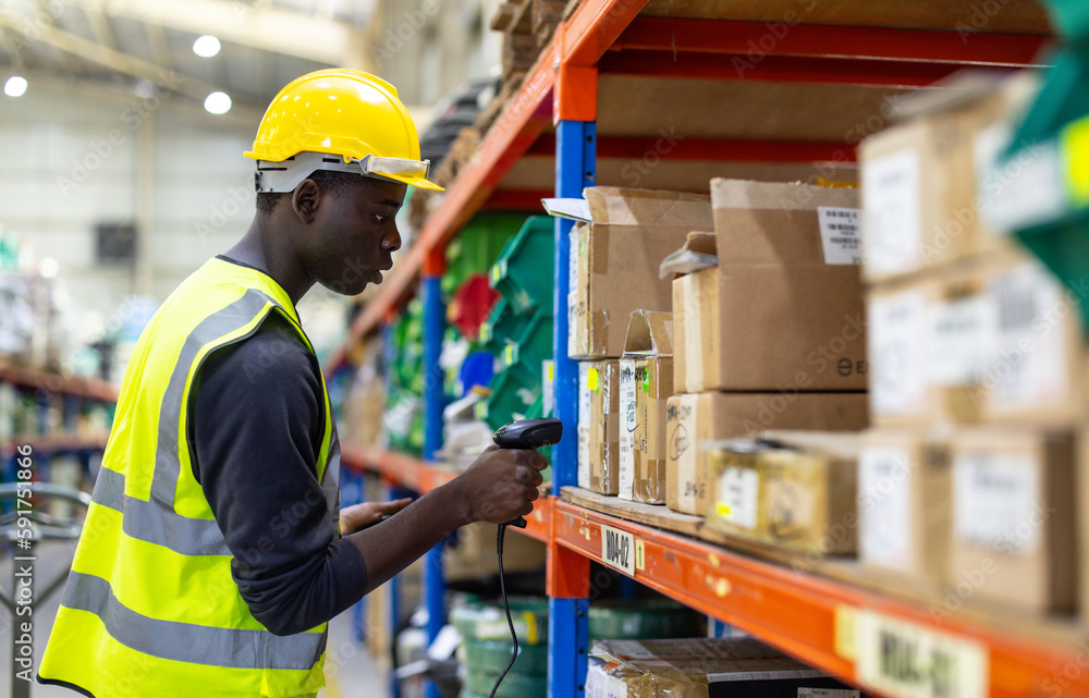 Warehouse worker tag and label products with a handheld scanner to ...