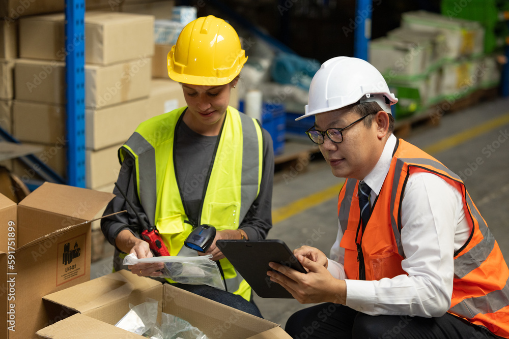 Warehouse worker tag and label products with a handheld scanner to ...