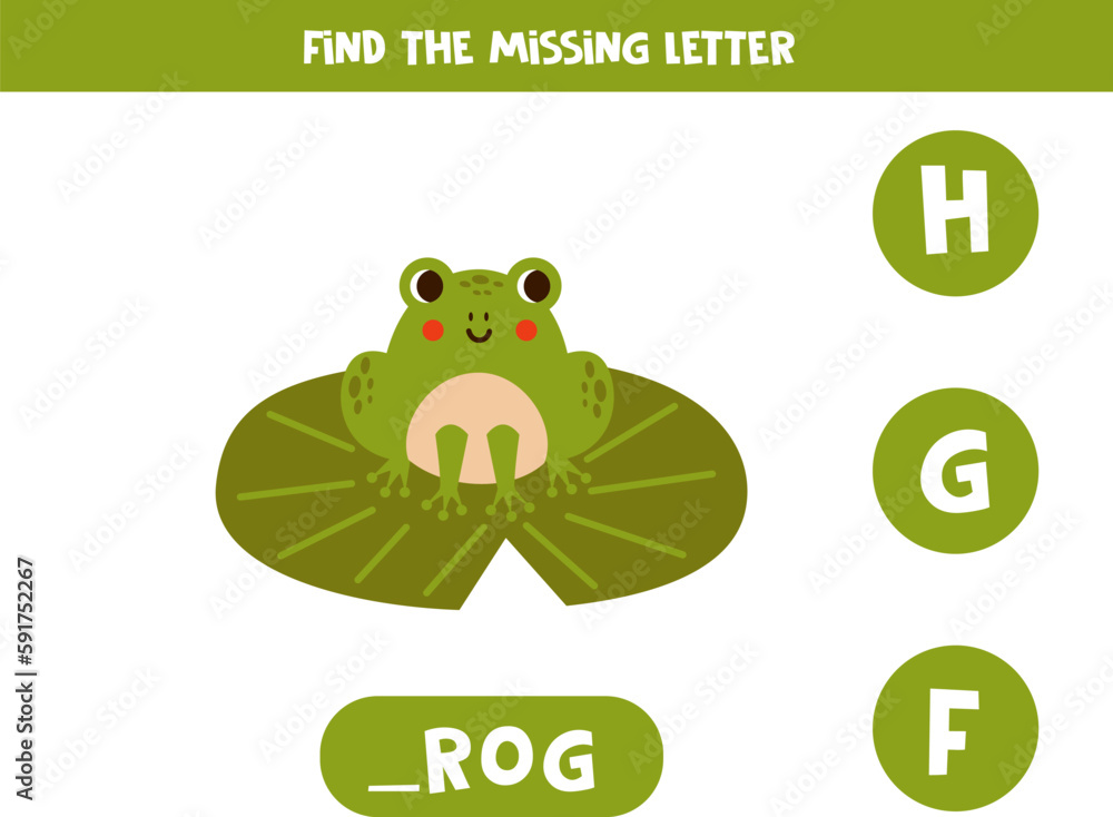 Find missing letter with cartoon frog. Spelling worksheet. Stock Vector ...