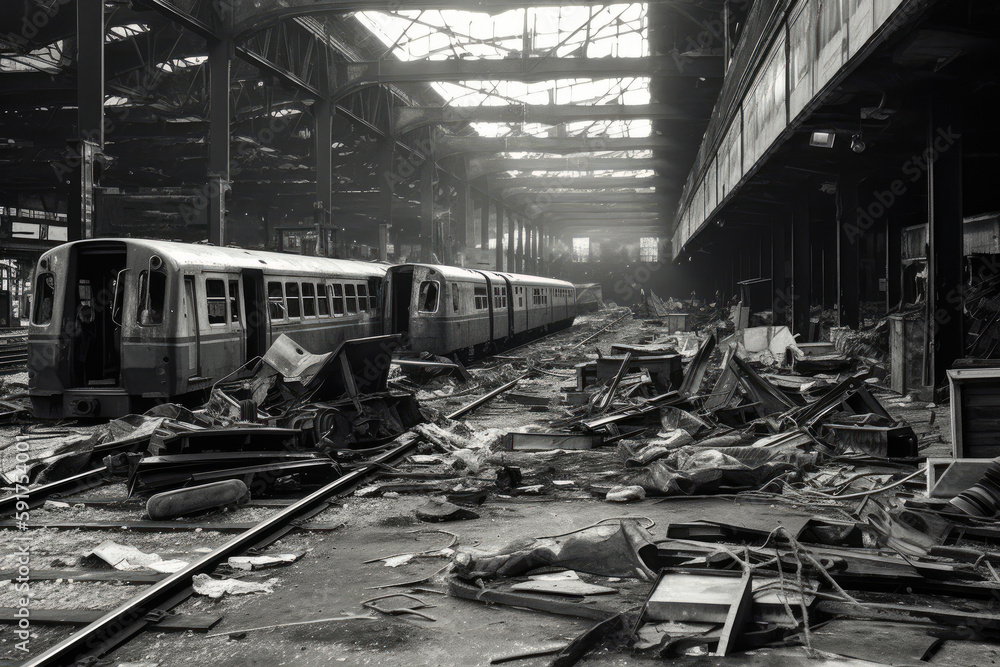 Black And White Photo Of Destroyed Railway Station With Train Cars ...