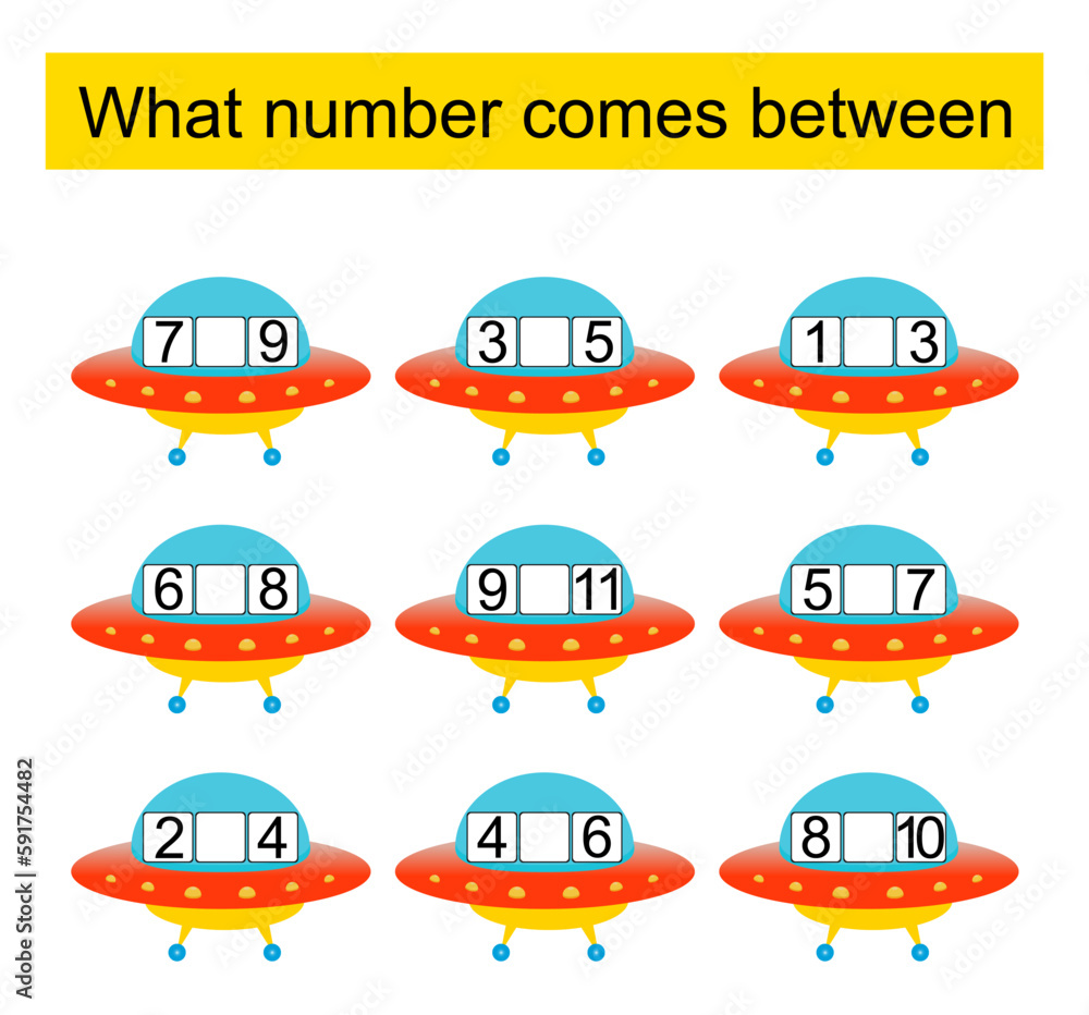 What number comes between? Math worksheets for kids. Vector ...