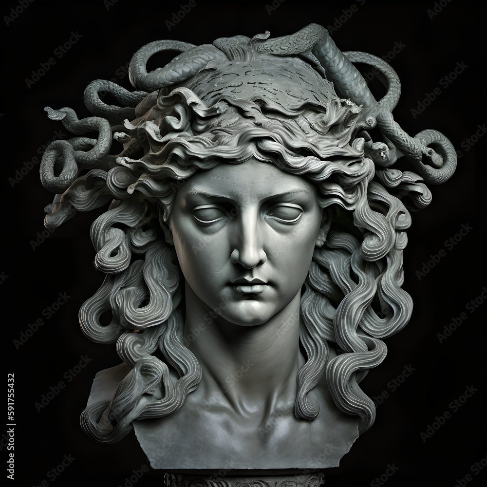 head of medusa realistic beautiful lack and grey no hair snakes around ...