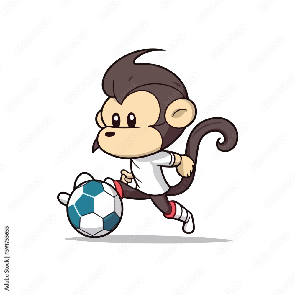 Mascot cartoon of cute smile monkey playing soccer football. 2d ...