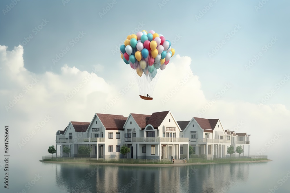 A modern house flying in the air A lot of balloon, modern house ...