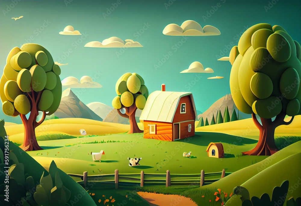 Cartoon nature scene - farm fields - empty stage for different usage ...