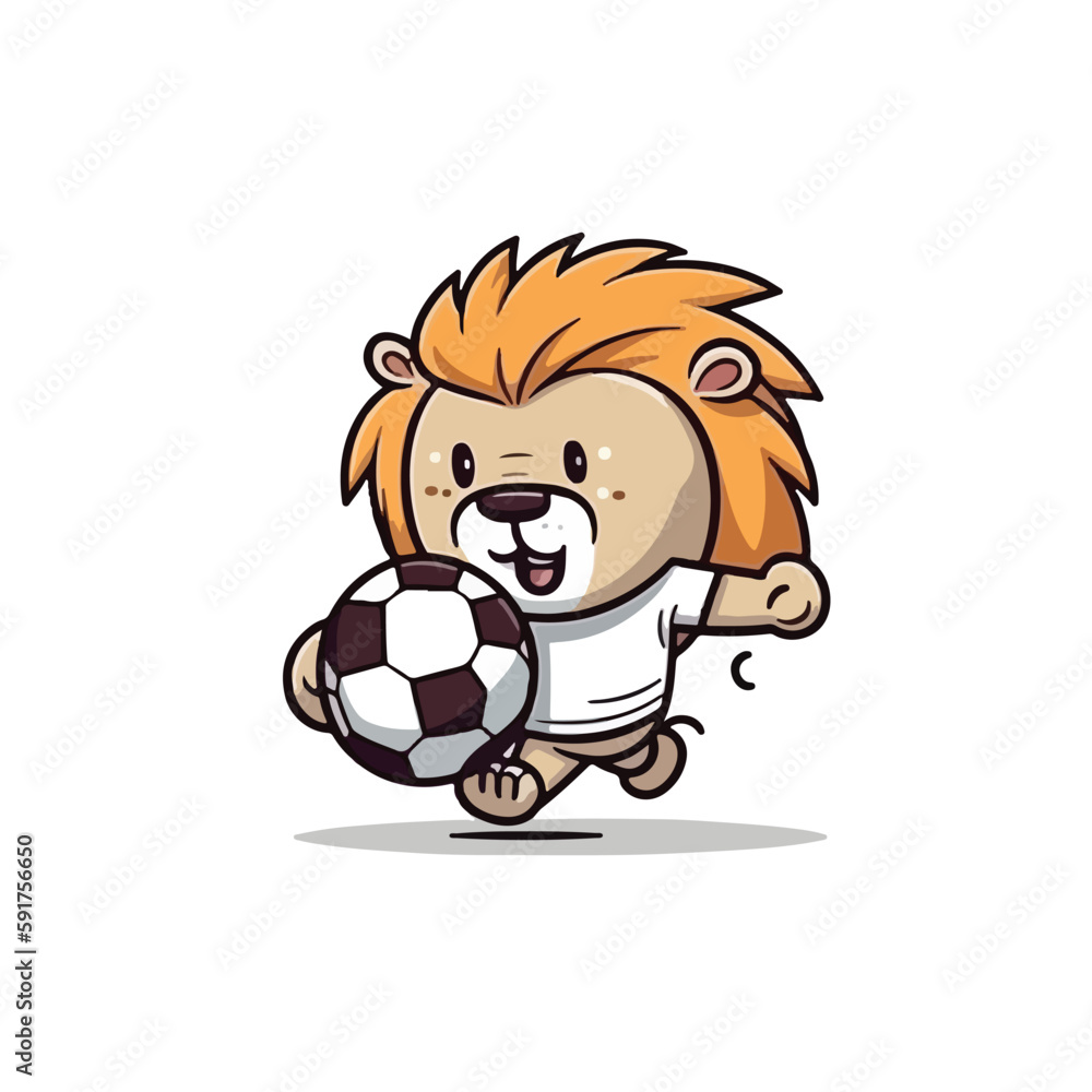 Mascot cartoon of cute smile lion playing football soccer. 2d character ...