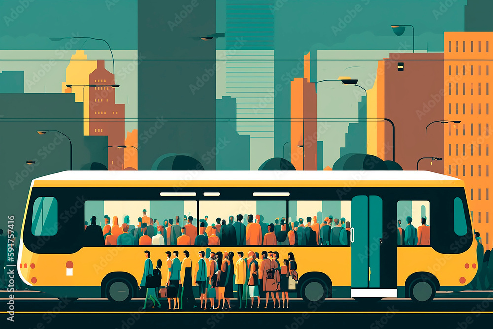 Public transport flat illustration with the crowd at rush hour. Passengers of trolleybus ...