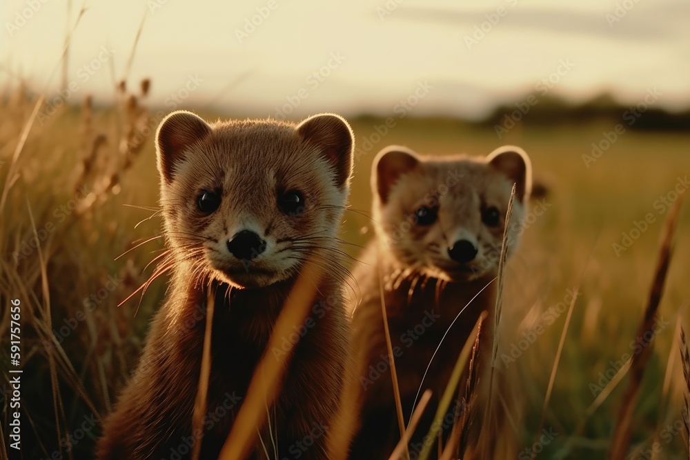Two Weasels Rest In Field Full Of Tall Grass Of Golden Light ...