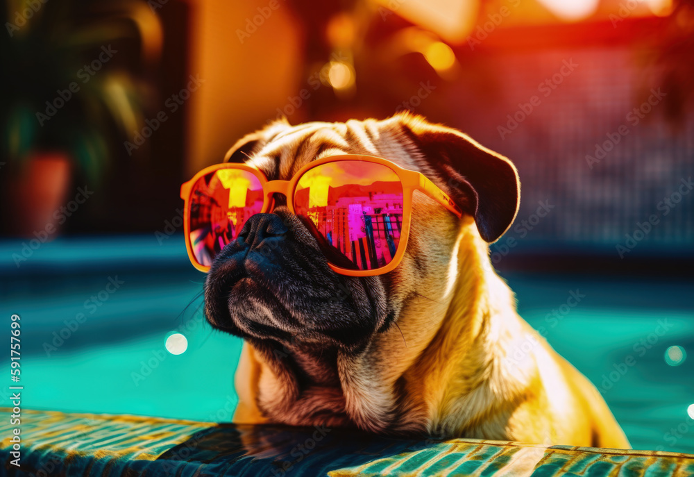 Summer sun cool pug dog relaxing at the palm tree backyard swimming ...