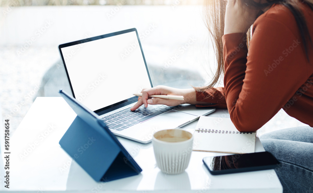 Asian teenage woman study online class at home with laptop computer and ...