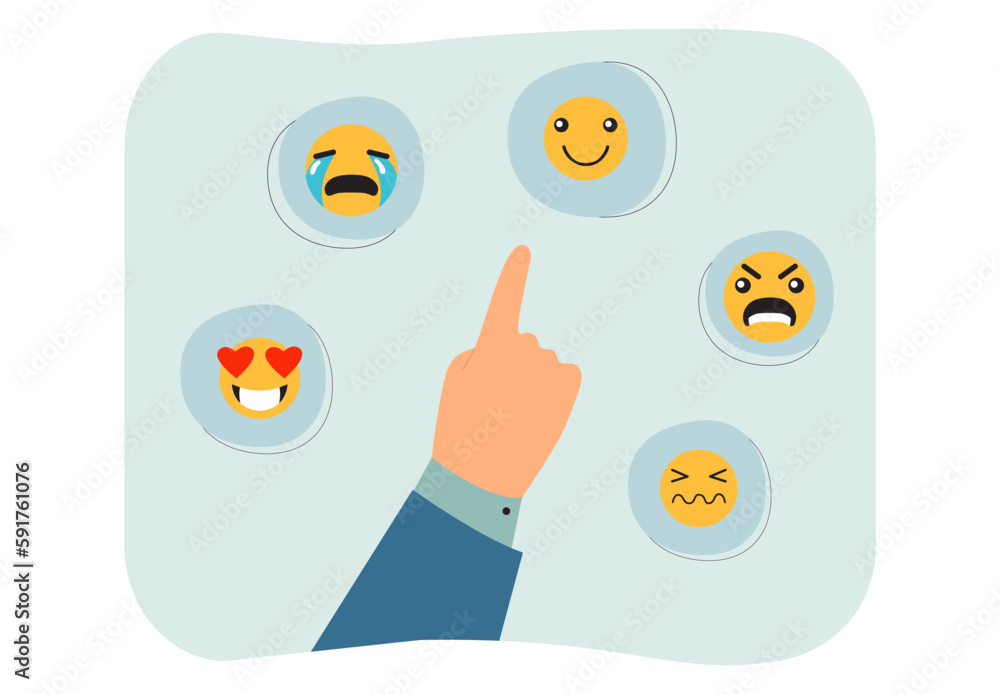 Hand choosing emoticon in bubble vector illustration. Cartoon drawing ...