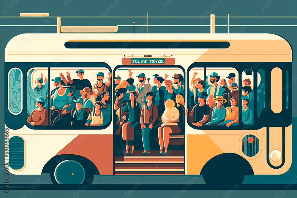 Public transport flat illustration with the crowd at rush hour. Passengers of trolleybus ...