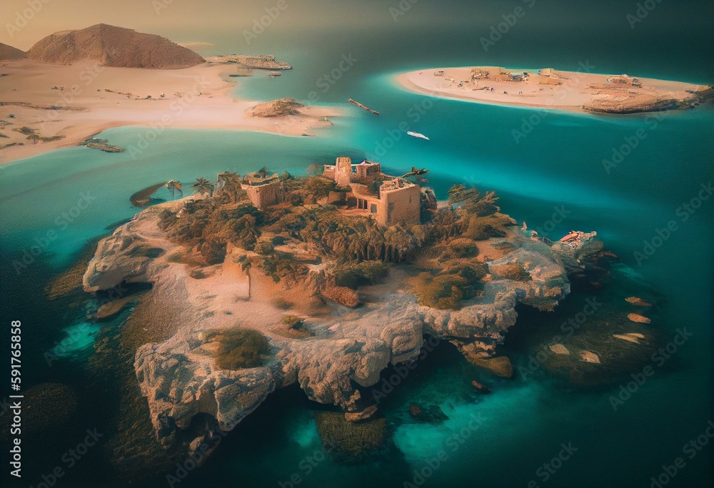 Marjan Island in Ras al Khaimah emirate in the UAE aerial view ...