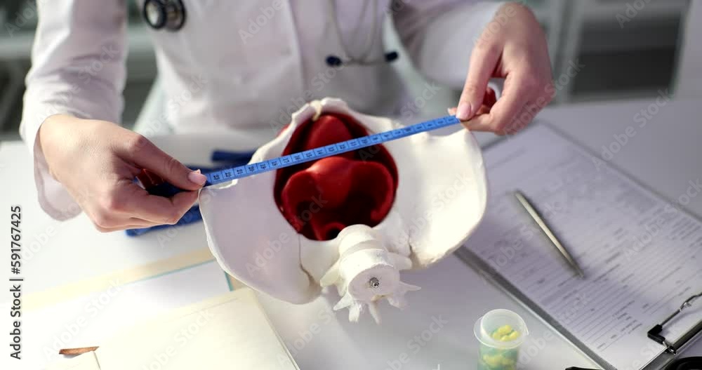 Doctor measures model of pelvic bones with female reproductive organs ...