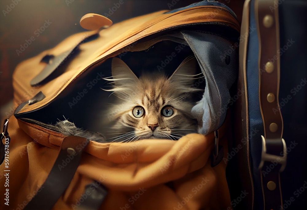 Happy traveler cat in bag transportation in airplane and train ...