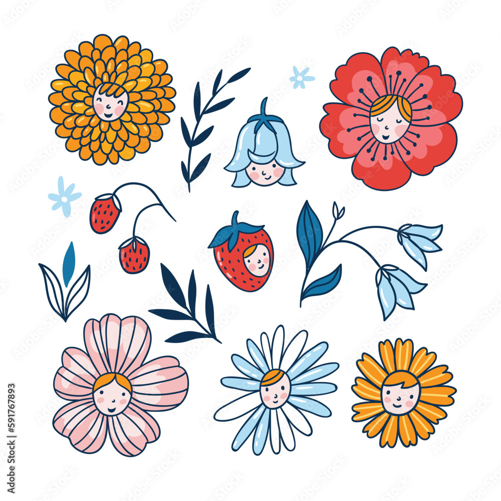 Hand-drawn summer flowers design elements. Midsummer Sweden festival ...