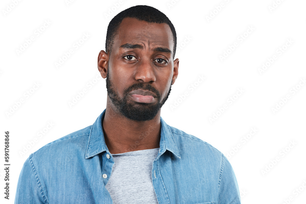 Sad, depression and portrait of a serious black man on an isolated and ...